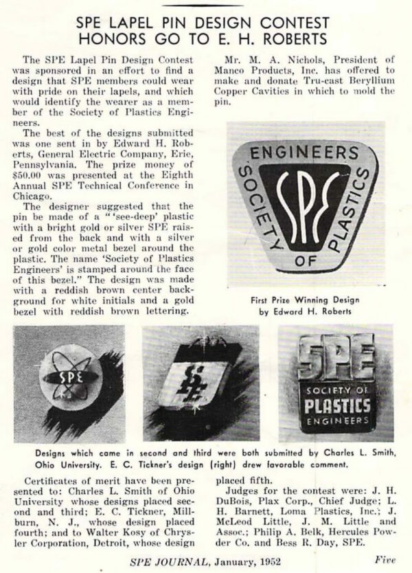SPE - Society of Plastics Engineers - 1952 Pin Design - Nomadic ...